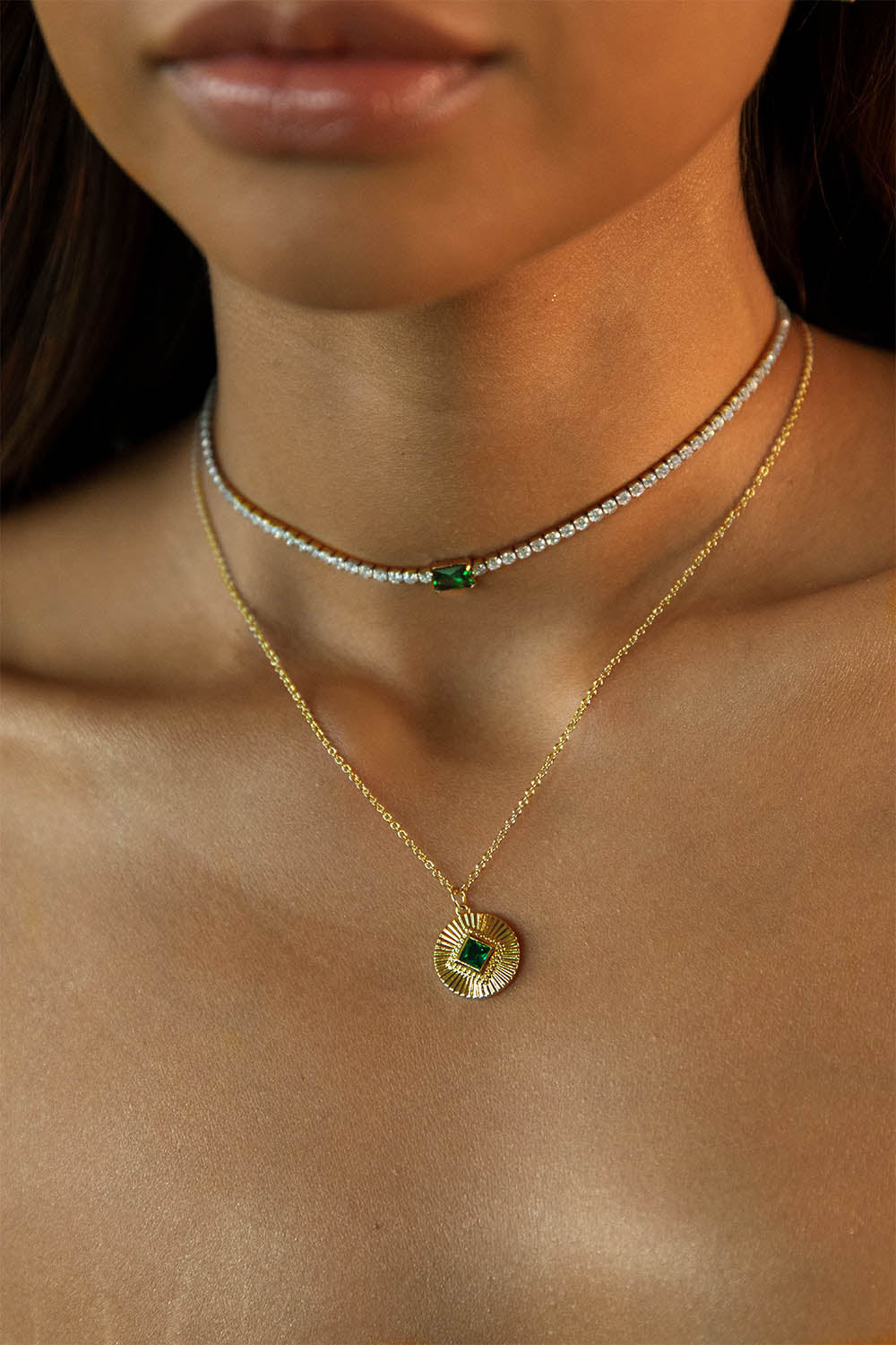 Emerald Coin Necklace 14K Gold Plated